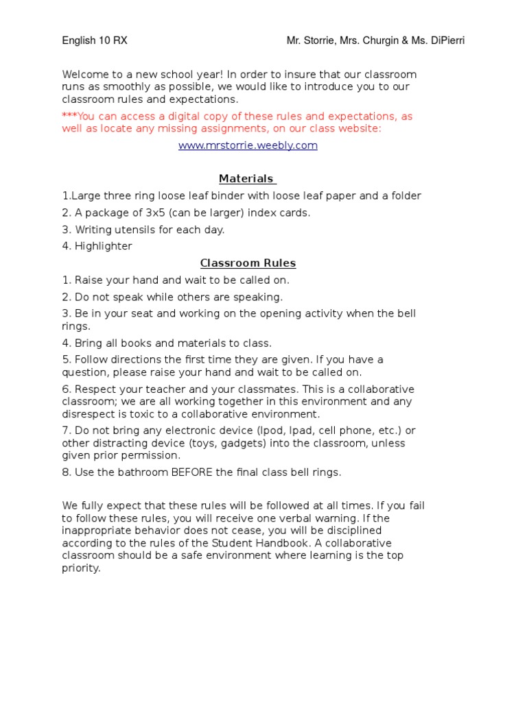 10th Grade Classroom Rules and Expectations | PDF | Classroom | Homework
