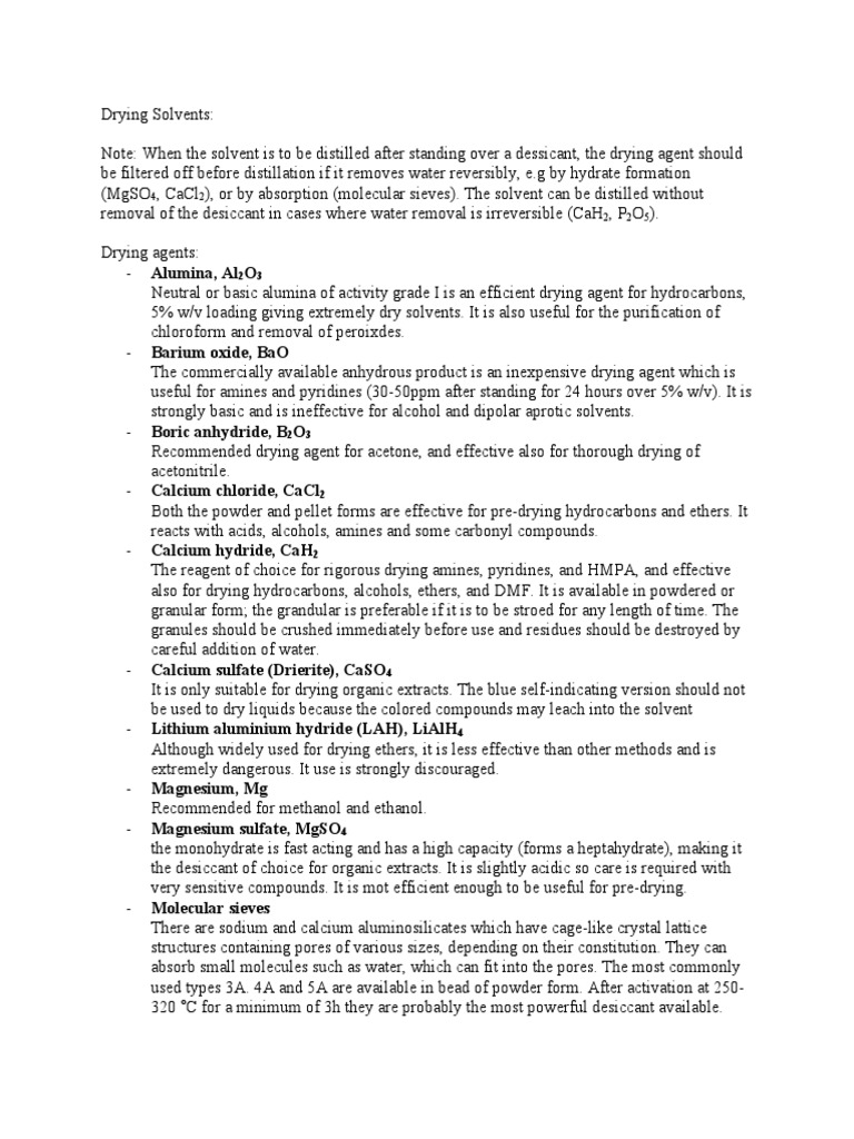 Drying Laboratory Solvents Handout | PDF