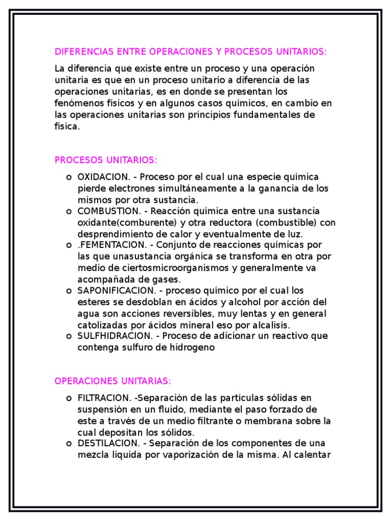 Diferencias Entre Operaciones y Procesos Unitarios | Pirólisis | Química