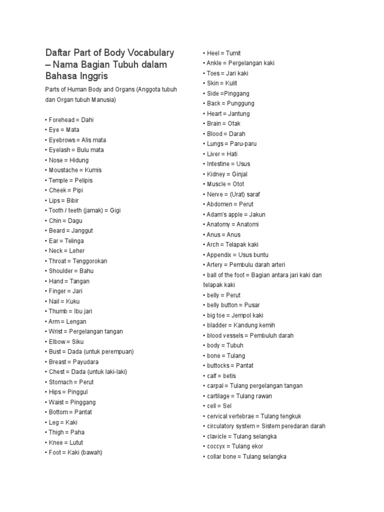 Daftar Part of Body Vocabulary | PDF