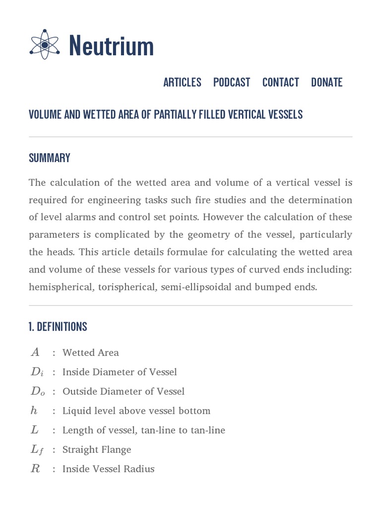 Volume and Wetted Area of Partially Filled Vertical Vessels - Neutrium ...