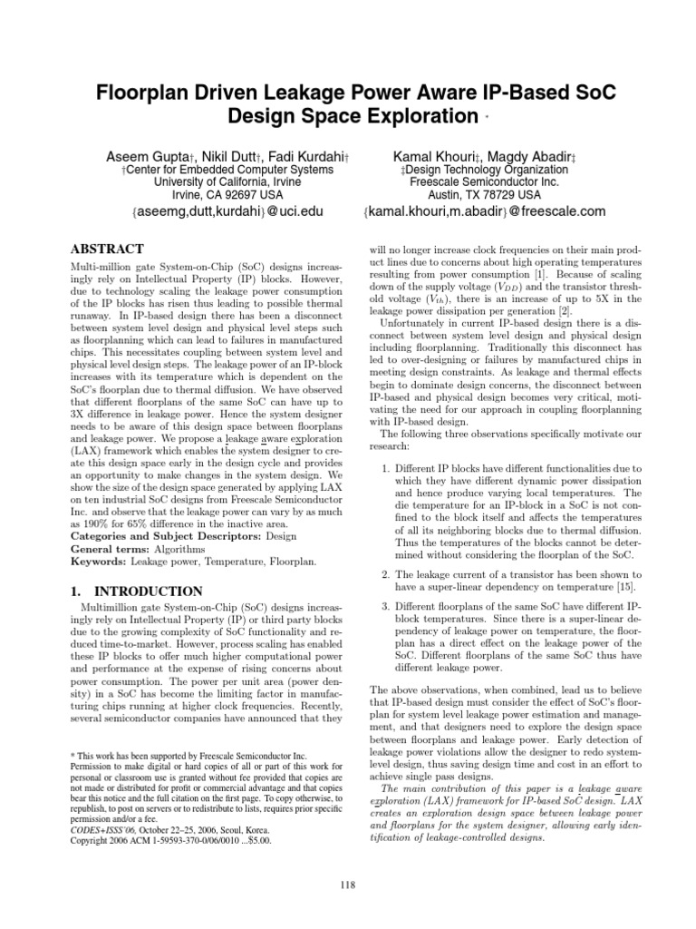 Floorplan Driven Leakage Power Aware Ip-Based Soc Design Space Exploration | PDF | System On A ...