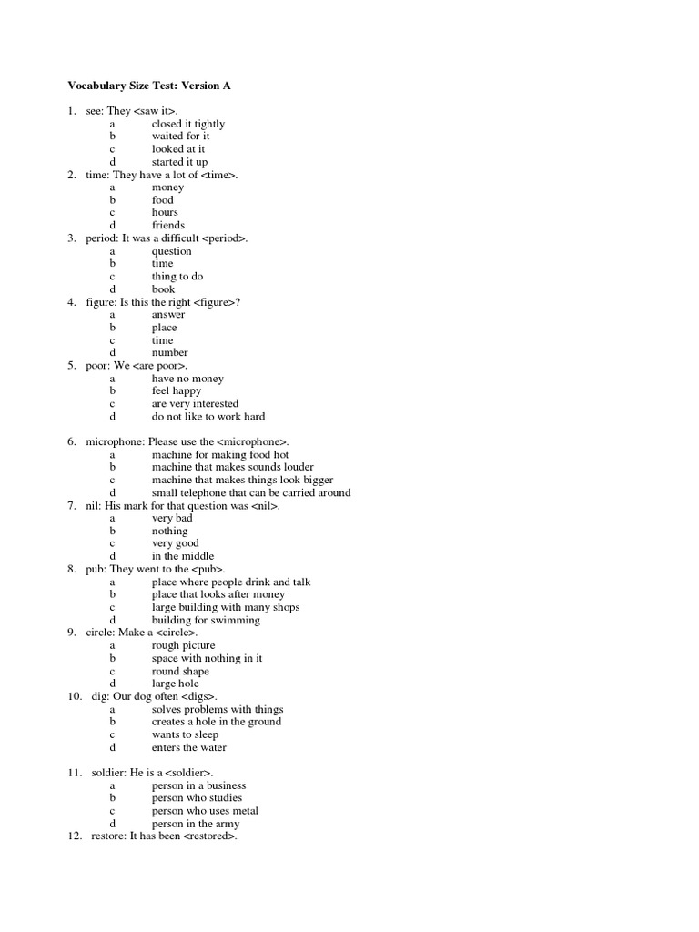 Vocabulary Size Test: Version A | PDF | Nature