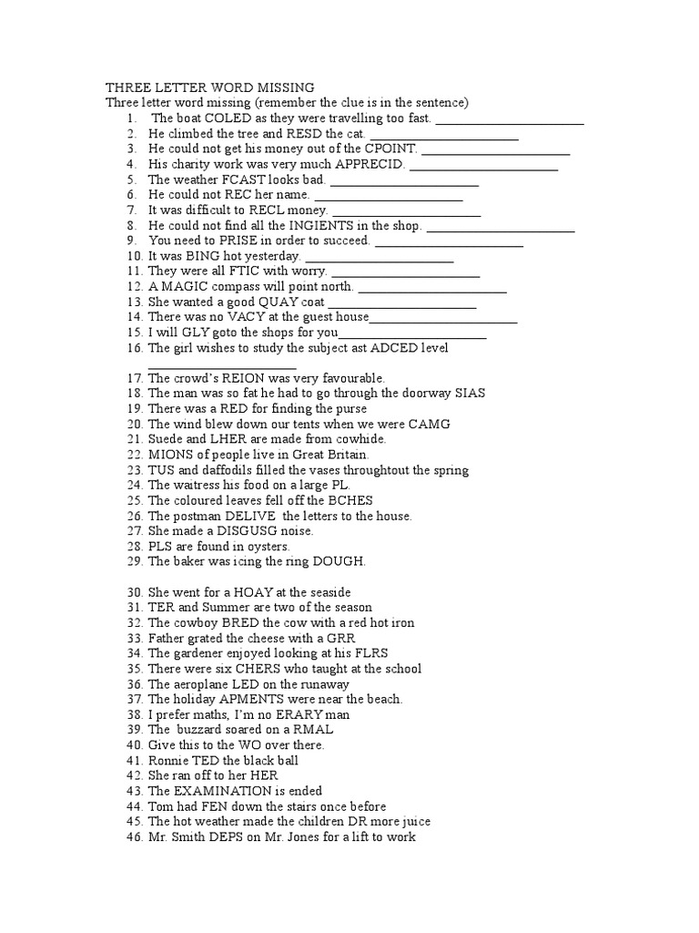 Three Letter Word Missing Worksheet | PDF