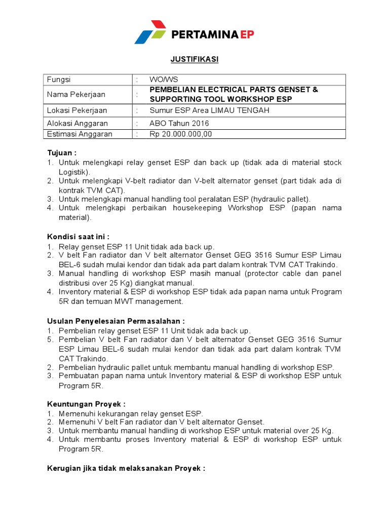 Justifikasi Pembelian Consumable Electrical Parts Genset Esp | PDF