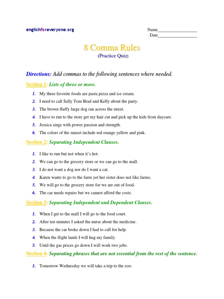Comma Practice Quiz With Answers | PDF | Leisure