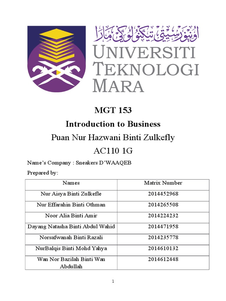 MGT 153 Introduction to Business - Sneakers D'WAAQEB Business Plan ...