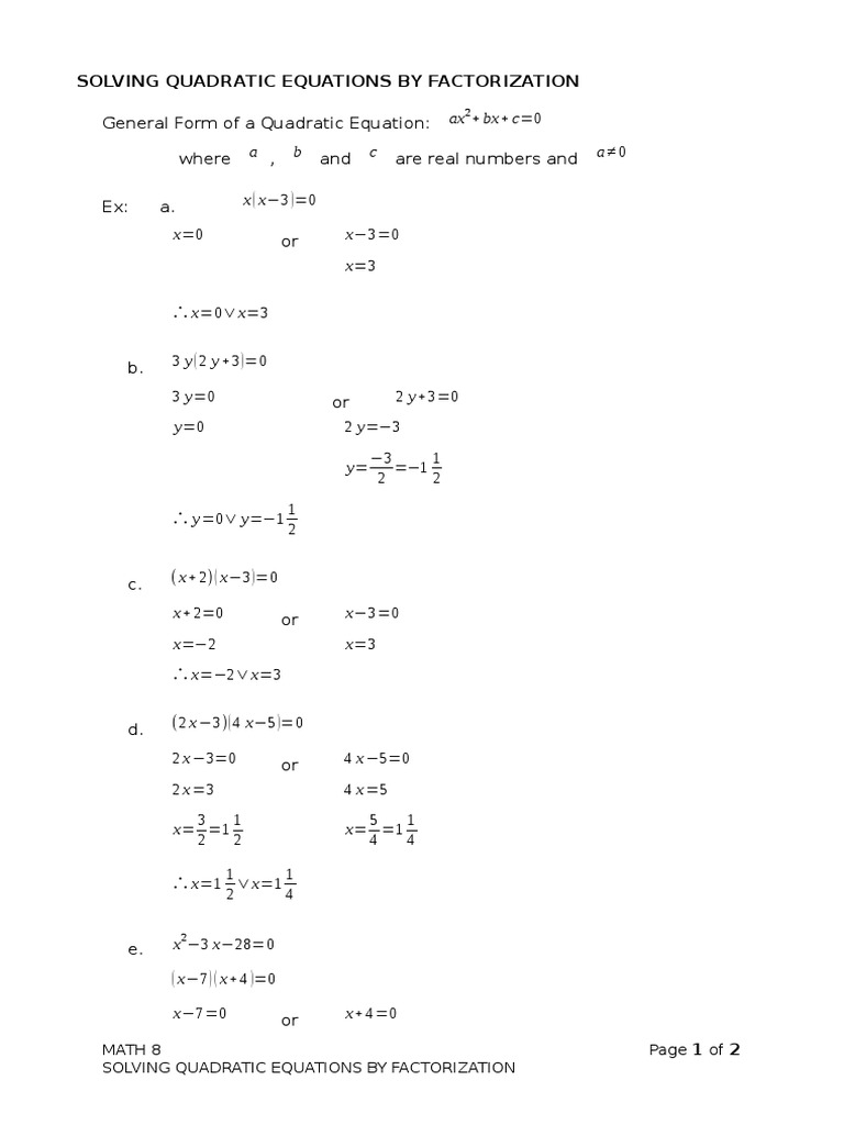 Solving Quadratic Equations by Factorization | PDF