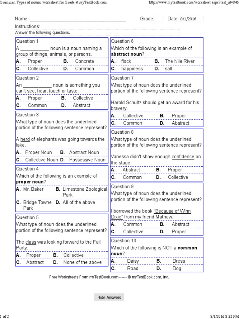 Grammar, Types of Nouns, Worksheet For Grade at MyTestBook | PDF