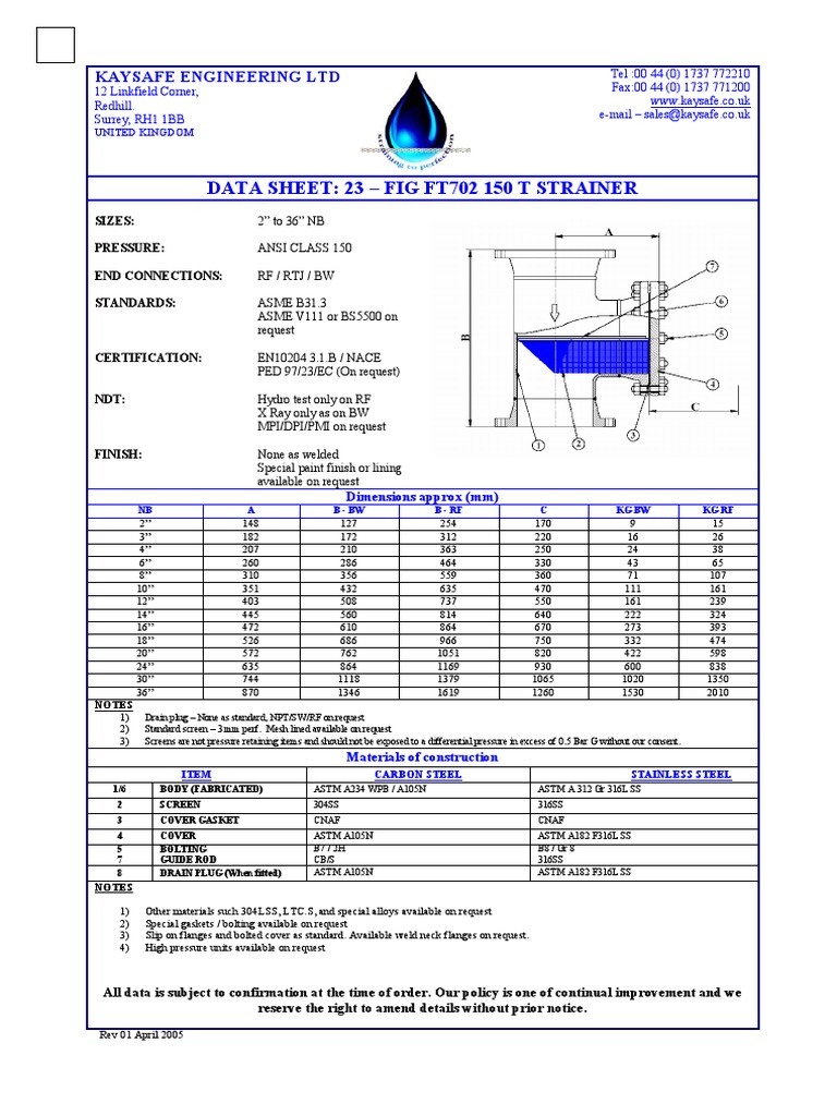 Data Sheet 23 Fig FT702 150 T Strainer PDF | PDF