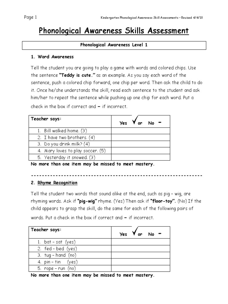 Kindergarten Phonemic Awareness Assessment Phonological Awareness: