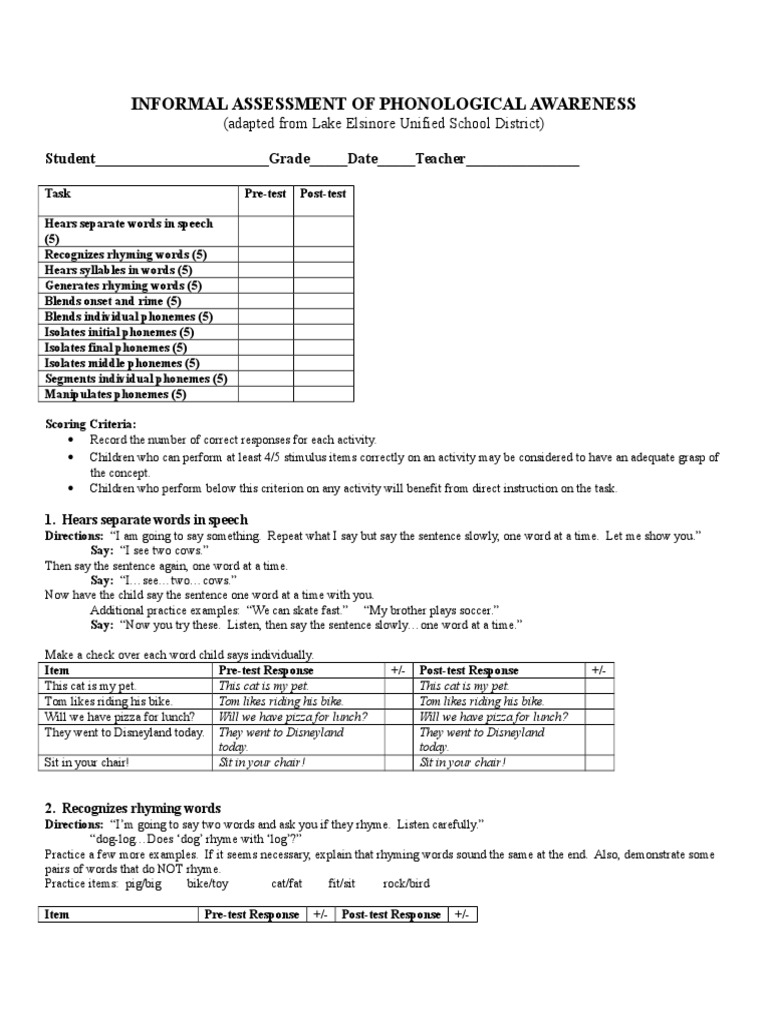 Informal Phonological Awareness Assessment | PDF | Syllable | Speech
