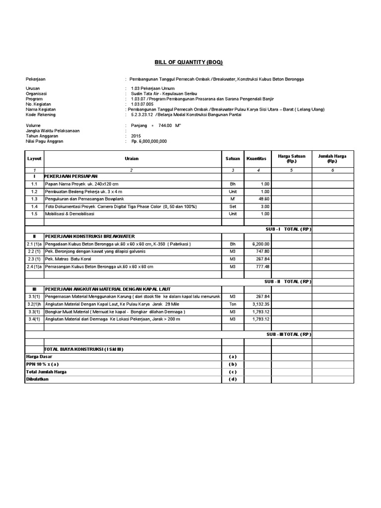Bill of Quantity (Boq) (Lelang Ulang) | PDF