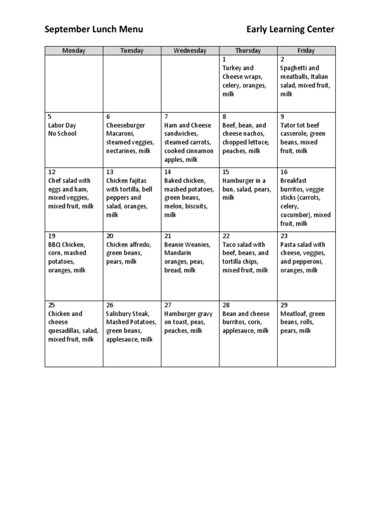 Elc Lunch Menu Sept | PDF