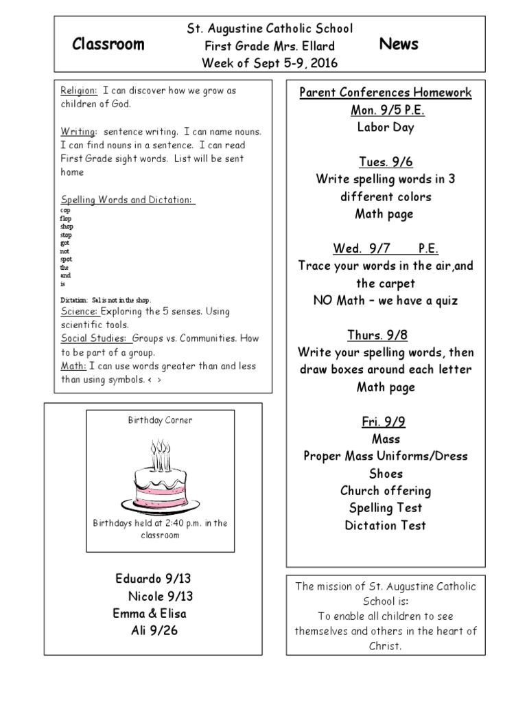 Classroom News Sept 5-9 2016 | PDF
