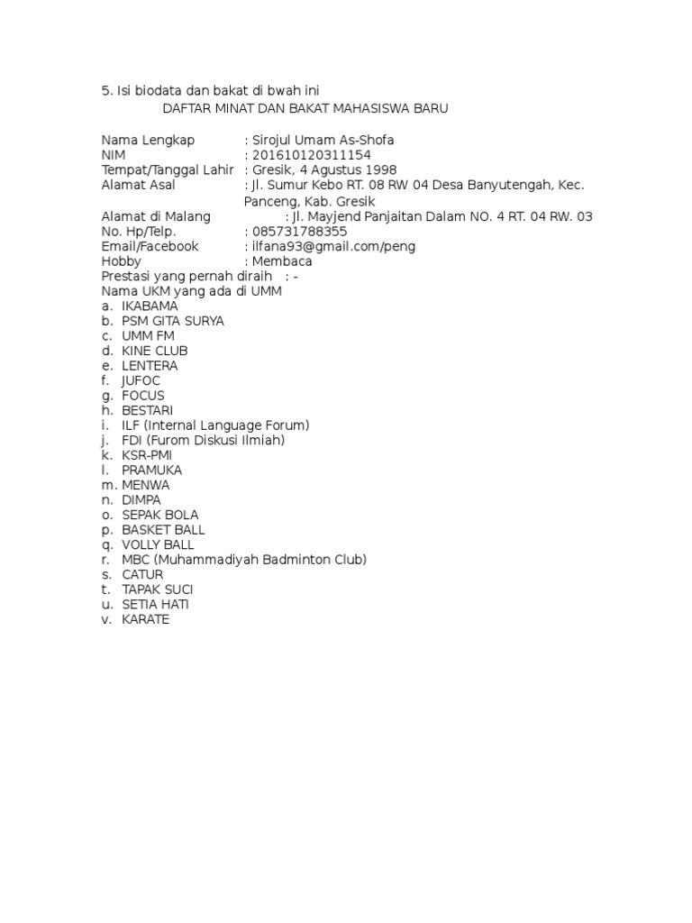 Isi Biodata Dan Bakat Di Bwah Ini | PDF
