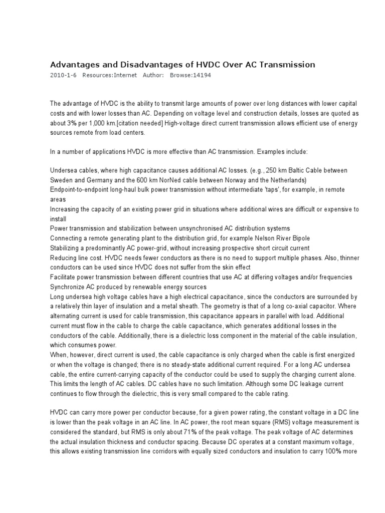 Advantages and Disadvantages of HVDC Over AC Transmission: 2010-1-6 Resources:Internet Author ...