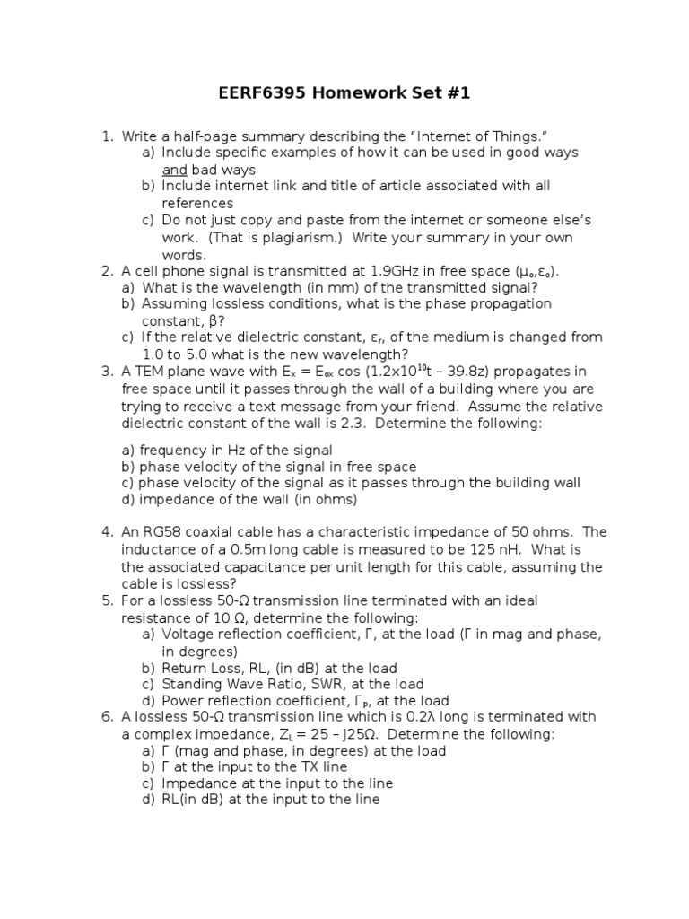 EERF6395 Homework Set #1 - RF Fundamentals | PDF | Transmission Line ...