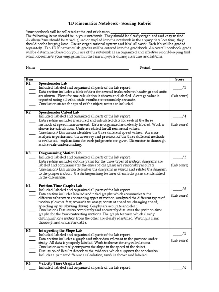 1D Kinematics Notebook - Scoring Rubric | PDF | Speed | Motion (Physics)