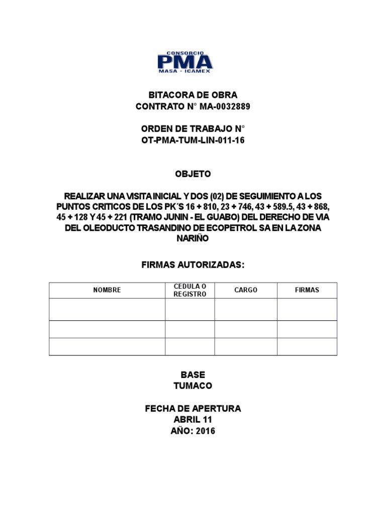 Portada Bitacora de Obra LIN-011-16 | PDF