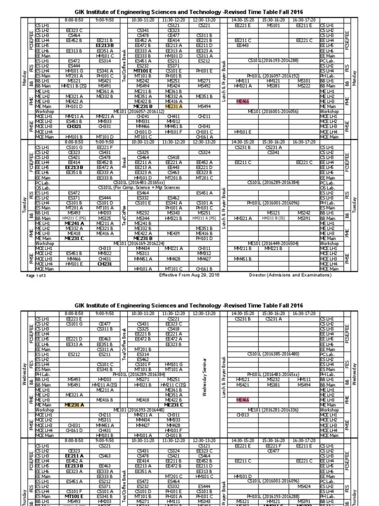 TimeTable Fall 2016 (Revised) | PDF | Working Conditions | Government