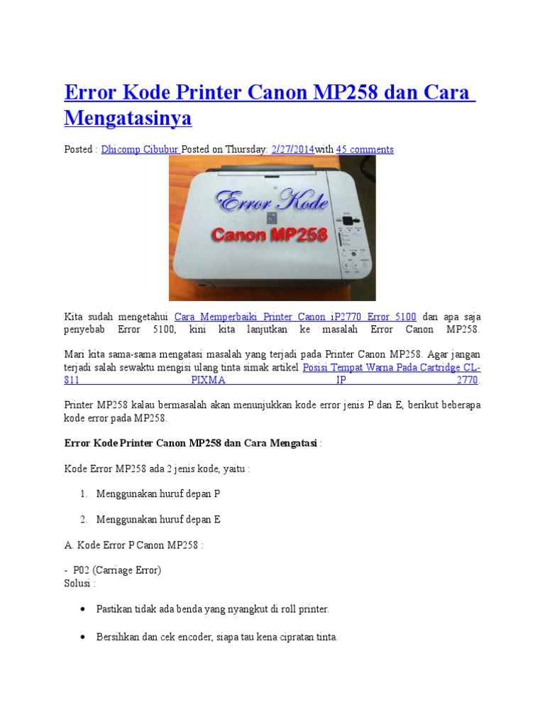 Error Kode Printer Canon MP258 Dan Cara Mengatasinya | PDF