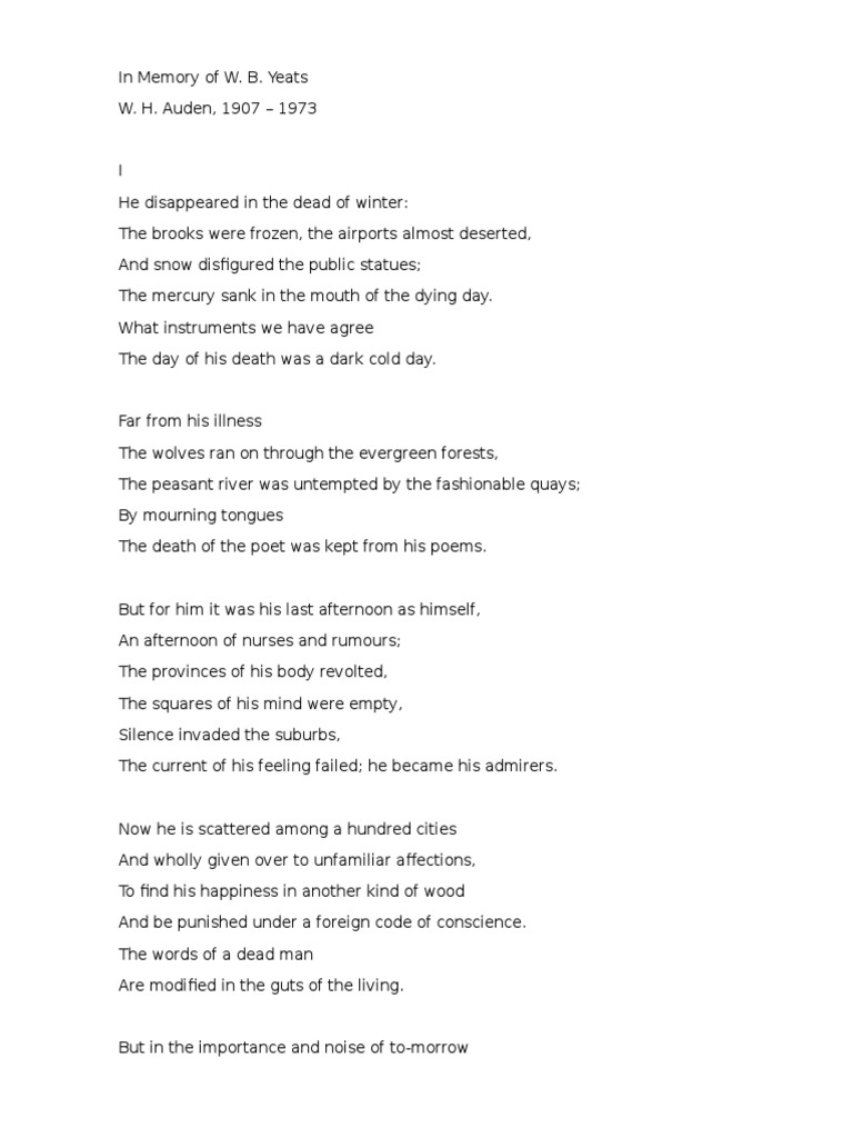 In Memory of WB Yeats | PDF | Poetry