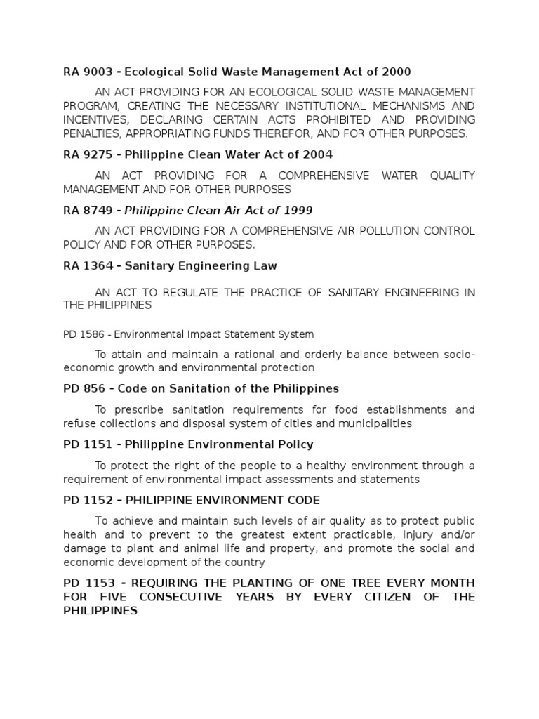 Philippines environmental laws summary | PDF | Sanitation | Waste ...