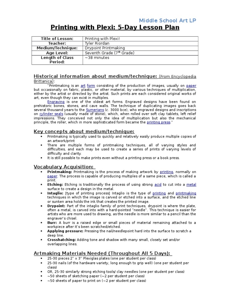 Drypoint Printmaking Lesson Plan - 7th Grade | PDF | Printmaking | Etching