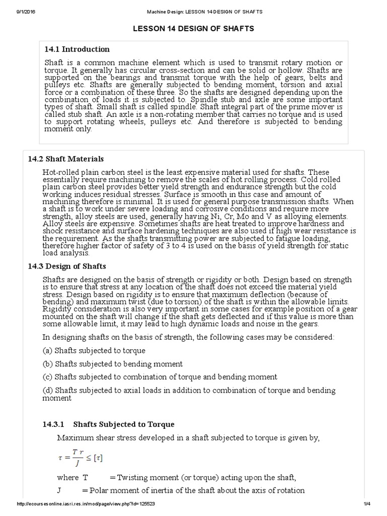 Machine Design - Lesson 14 Design of Shafts | PDF | Bending | Stress ...