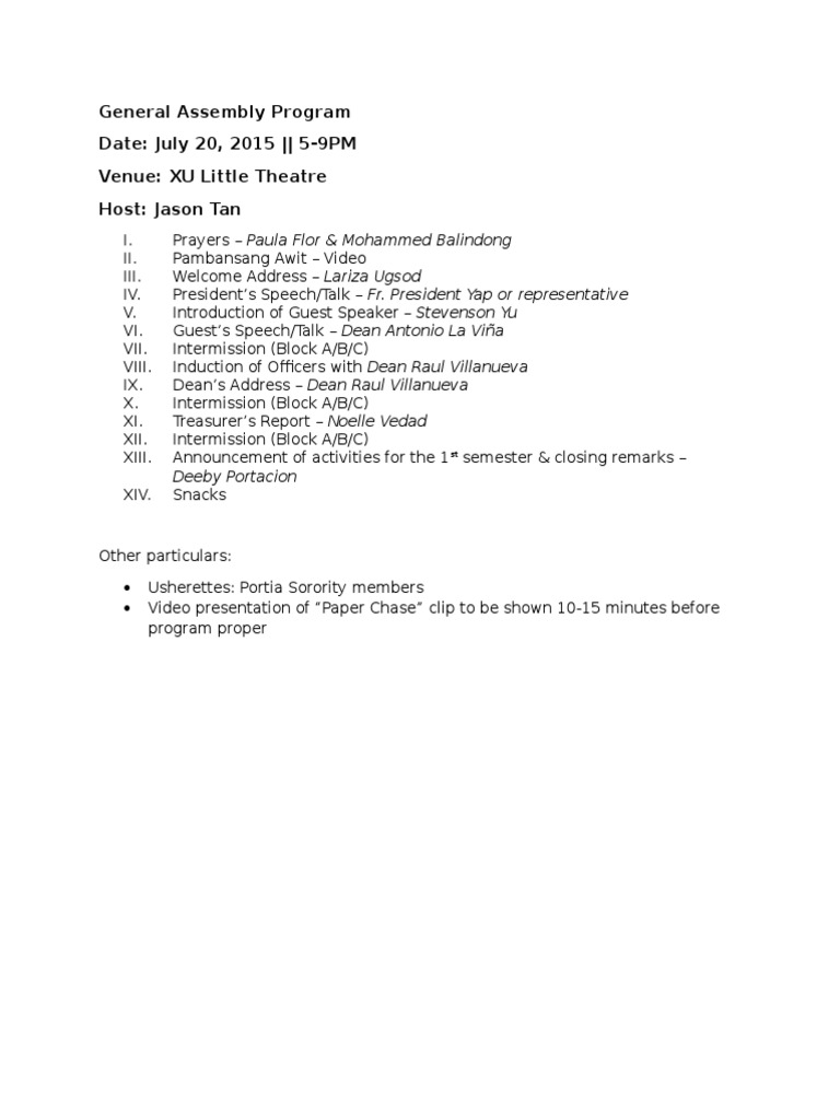 General Assembly Program Date: July 20, 2015 - 5-9PM Venue: XU Little ...