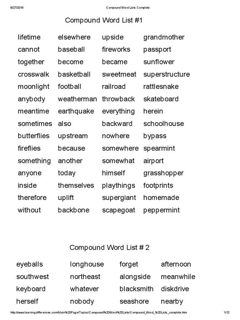 Comprehensive Compound Word Lists | PDF