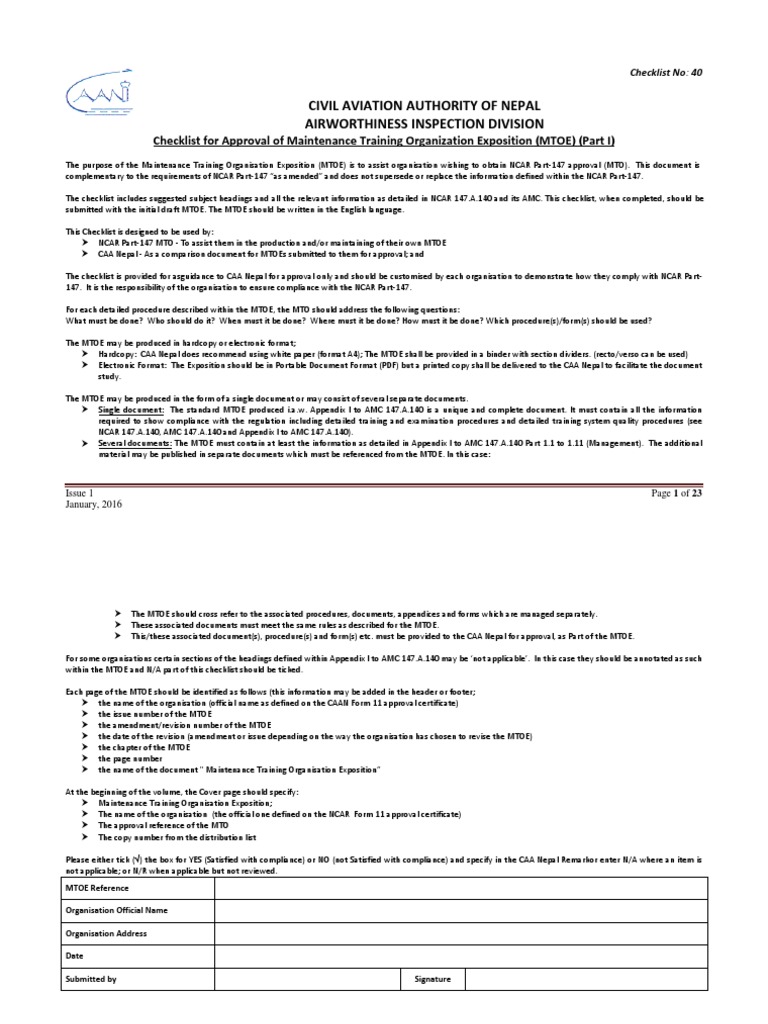 MTOE Approval Checklist for NCAR Part-147 | PDF | Test (Assessment ...