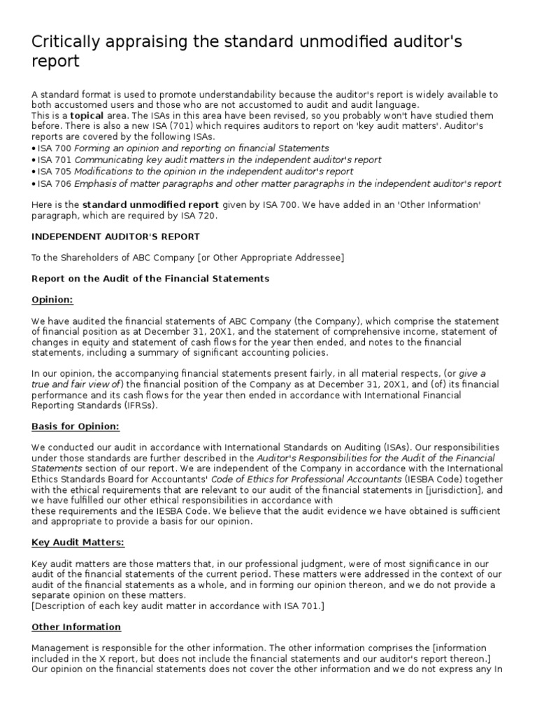 Standard Unmodified Audit Report Overview | PDF | Going Concern ...