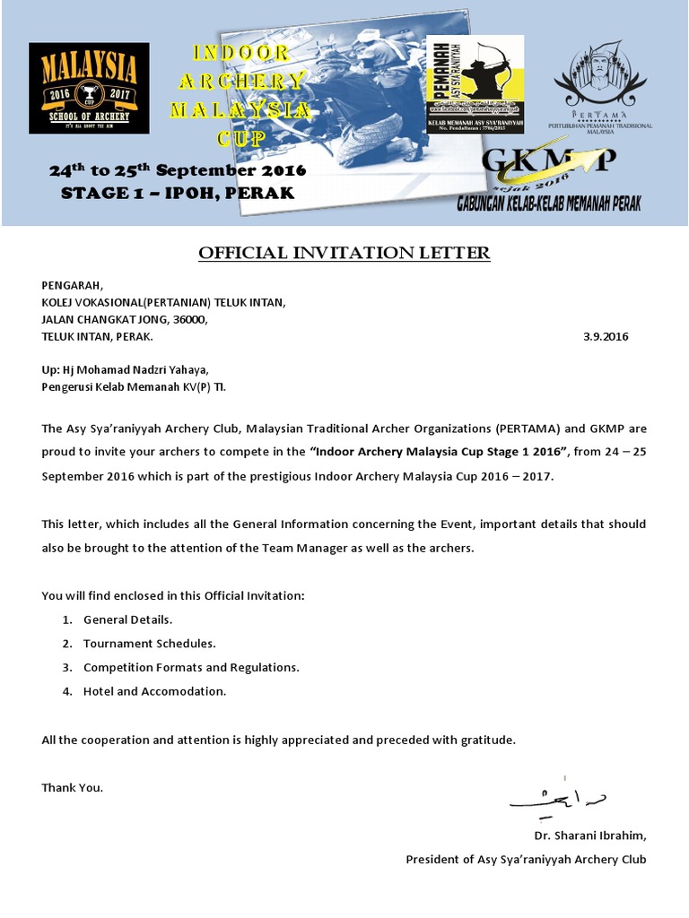 Invitation Letter Malaysia Cup Stage 1 | PDF | Archery | Bow And Arrow