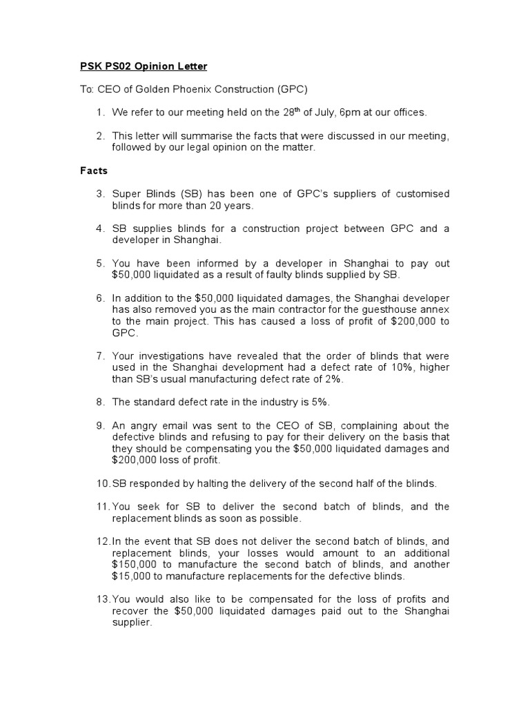 PSK PS02 - Opinion Letter | PDF | Damages | Specific Performance