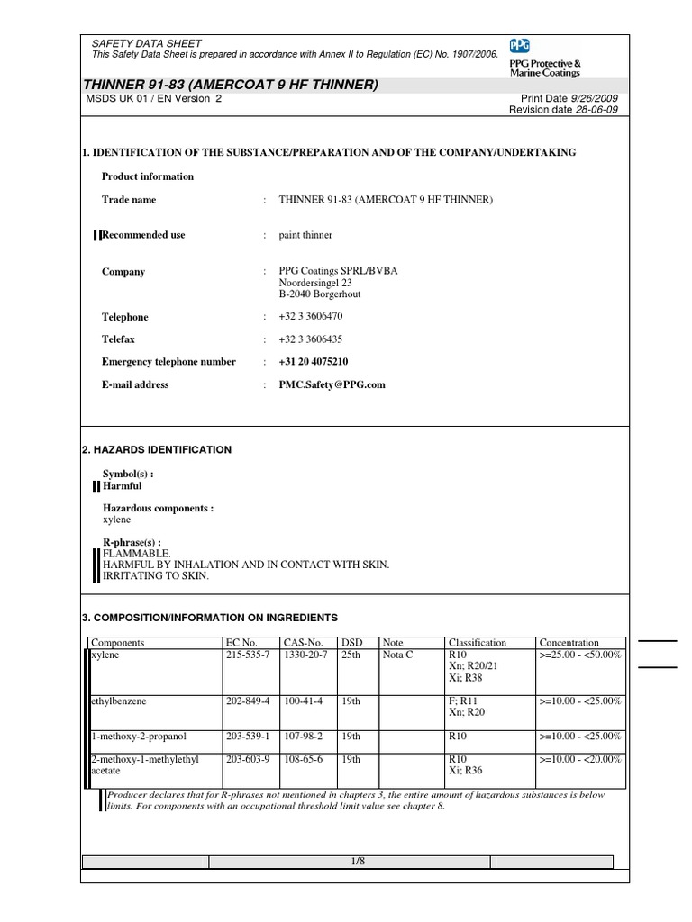 Msds Thinner 91-83 | Personal Protective Equipment | Carbon Dioxide