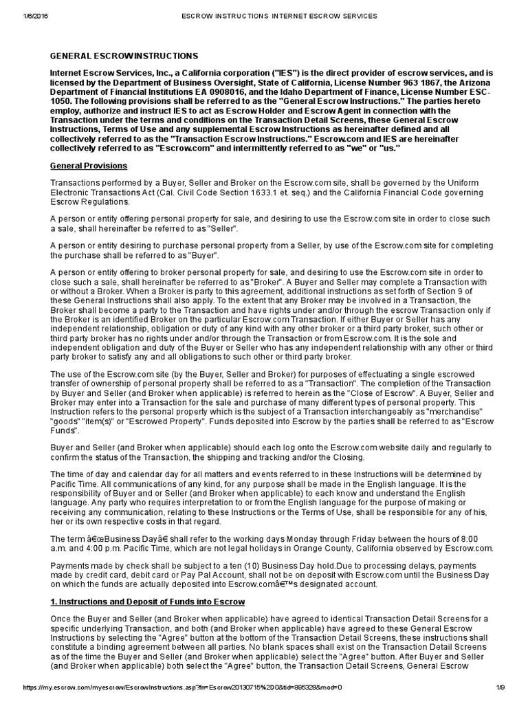 Escrow Instructions Internet Escrow Services PDF | PDF | Arbitration ...