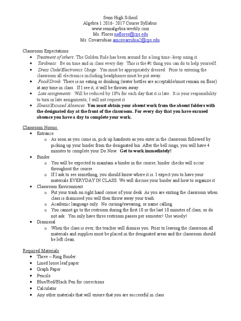 Algebra 1 Syllabus 2016-2017 | PDF | Syllabus | Classroom