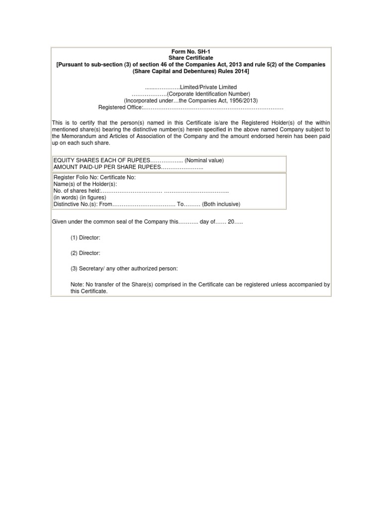 Share Certificate Format SH-1 | PDF