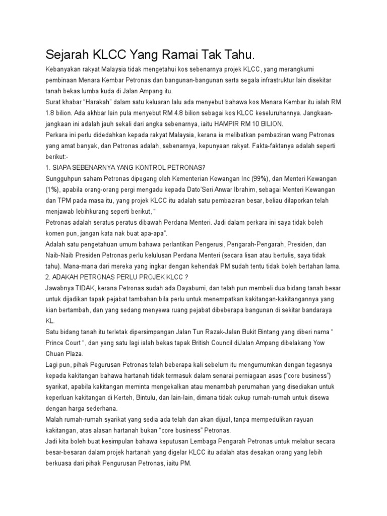 Sejarah KLCC Yang Ramai Tak Tahu | PDF
