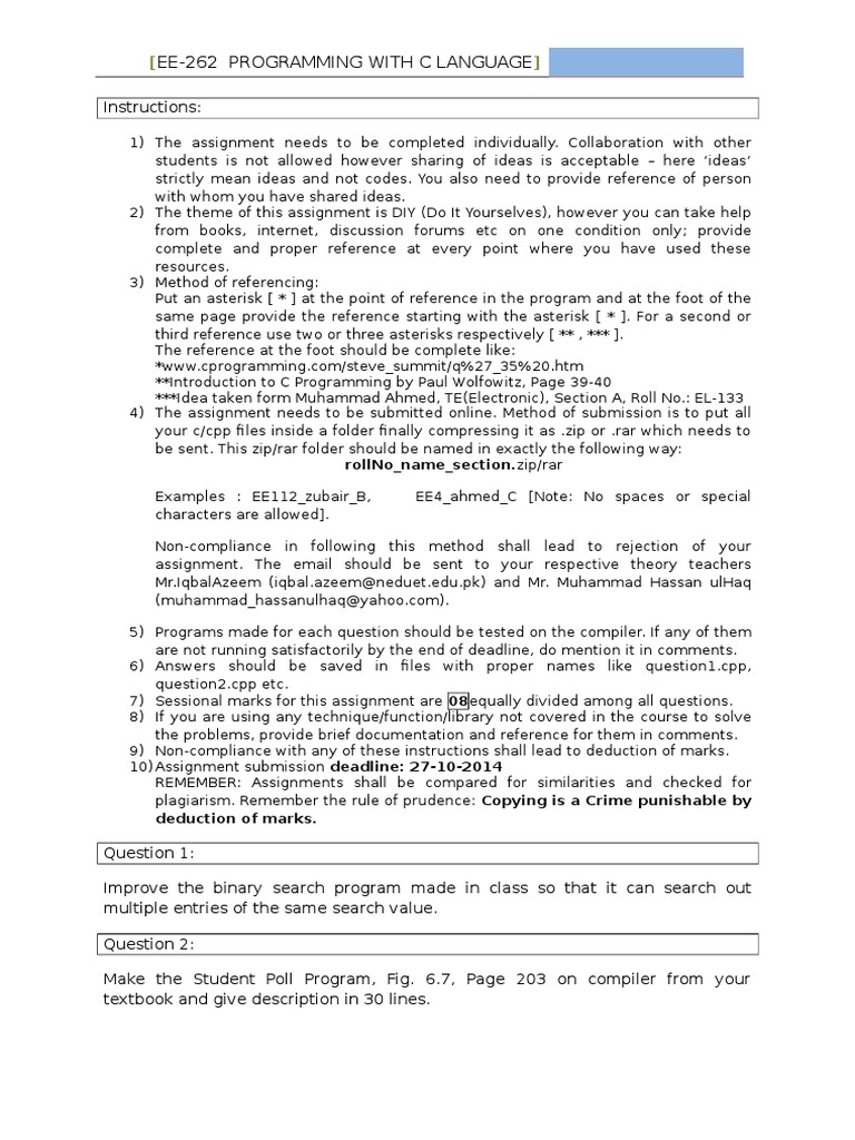 Ee-262 Programming With C Language: Rollno - Name - Section - Zip/Rar ...