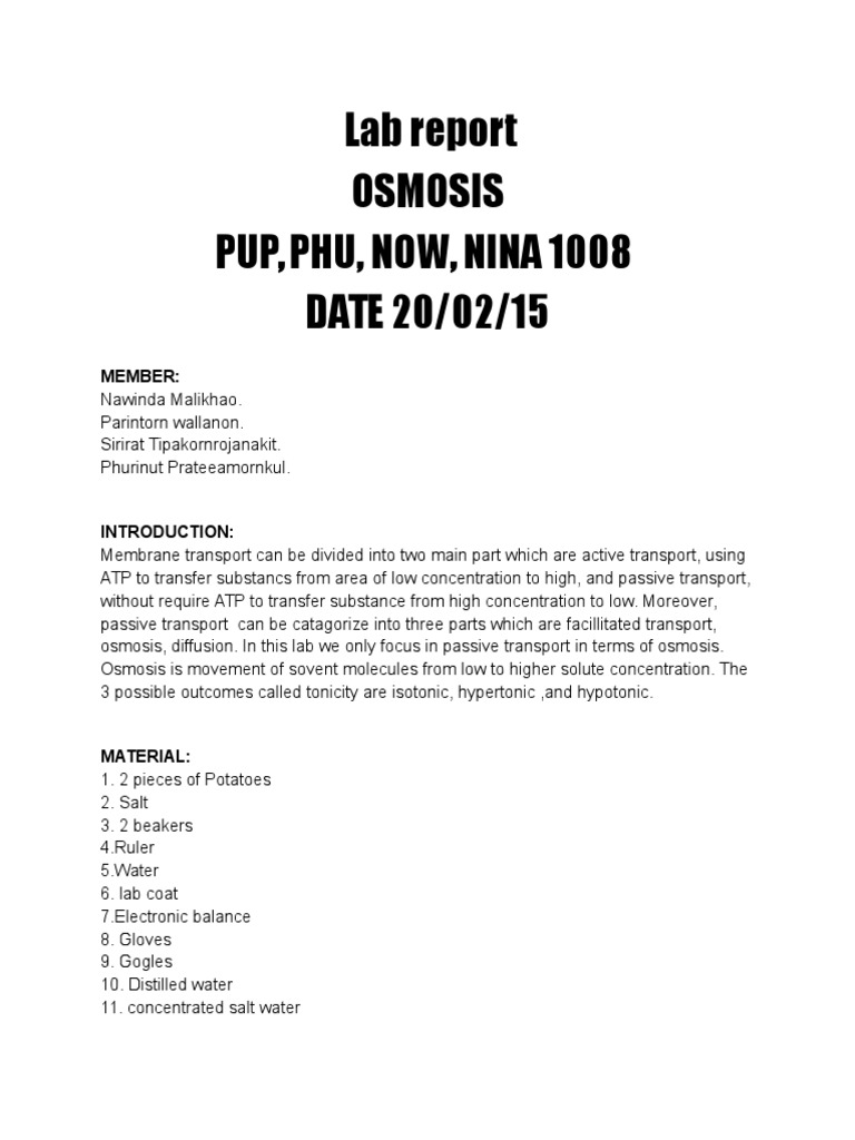 Lab Report Osmosis Pup, Phu, Now, Nina 1008 DATE 20/02/15: Member ...