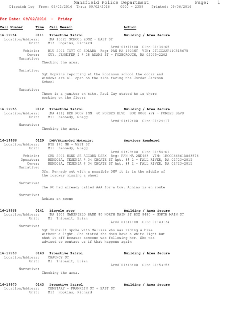 Mansfield Police Dispatch Log 09/02/16 | PDF | Vehicles | Transport