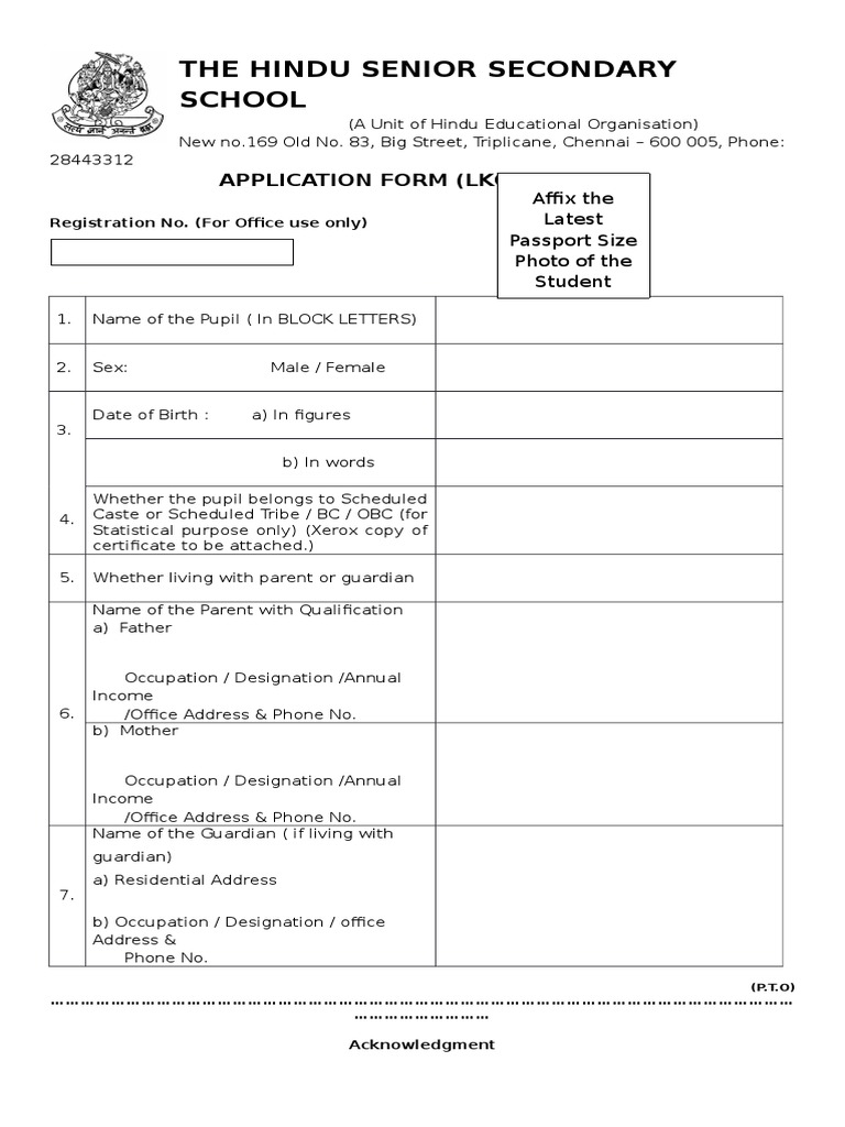 The Hindu Senior Secondary School: Application Form (LKG) | Download ...