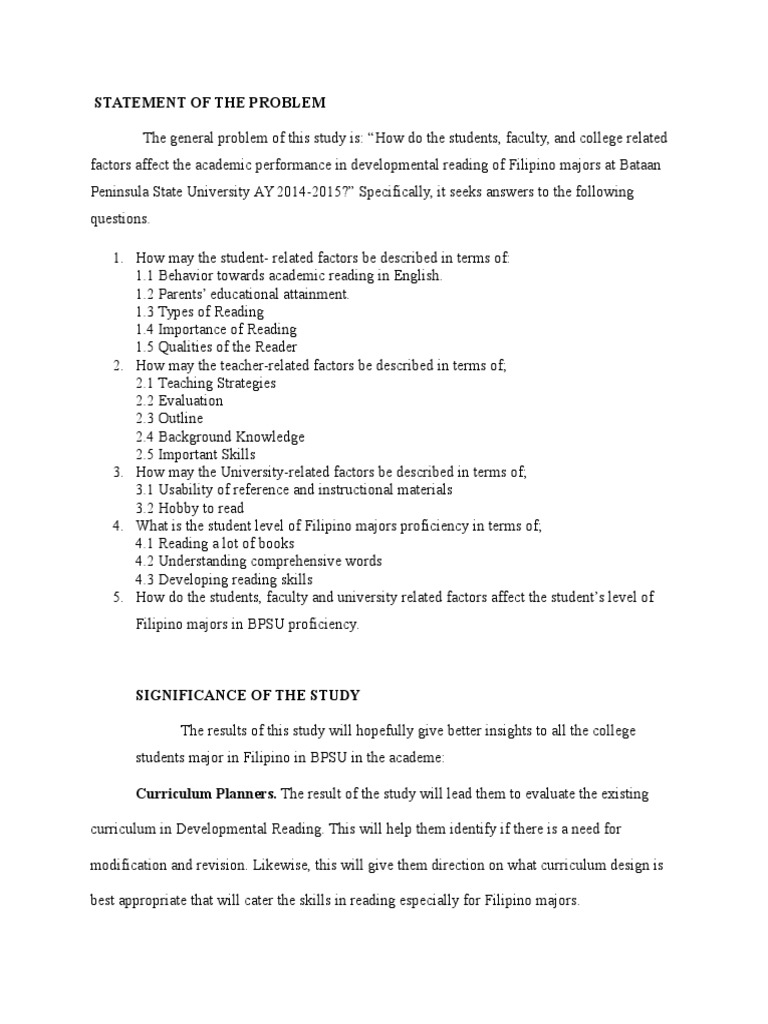Statement of The Problem | PDF | Curriculum | Reading (Process)