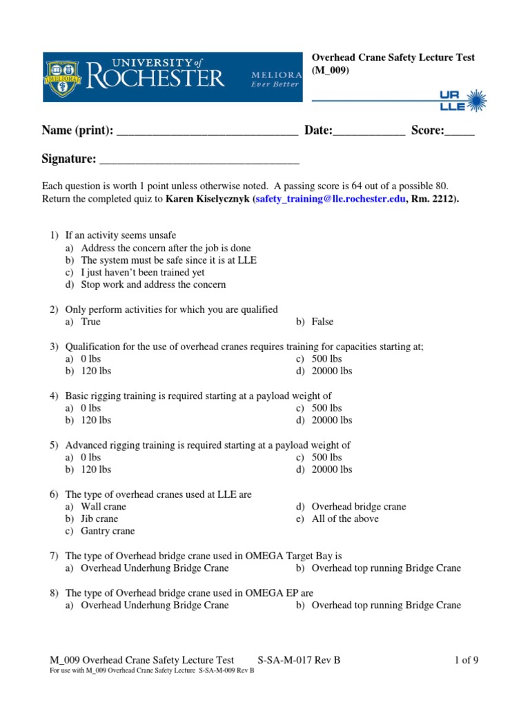 Overhead Crane Quiz | PDF | Crane (Machine) | Elevator
