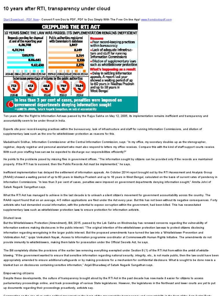10 Years After RTI, Transparency Under Cloud: Start Download - PDF Now | PDF | Whistleblower ...