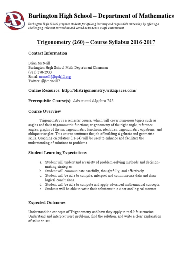 Trigonometry Syllabus 2016-17 | PDF | Trigonometry | Trigonometric ...