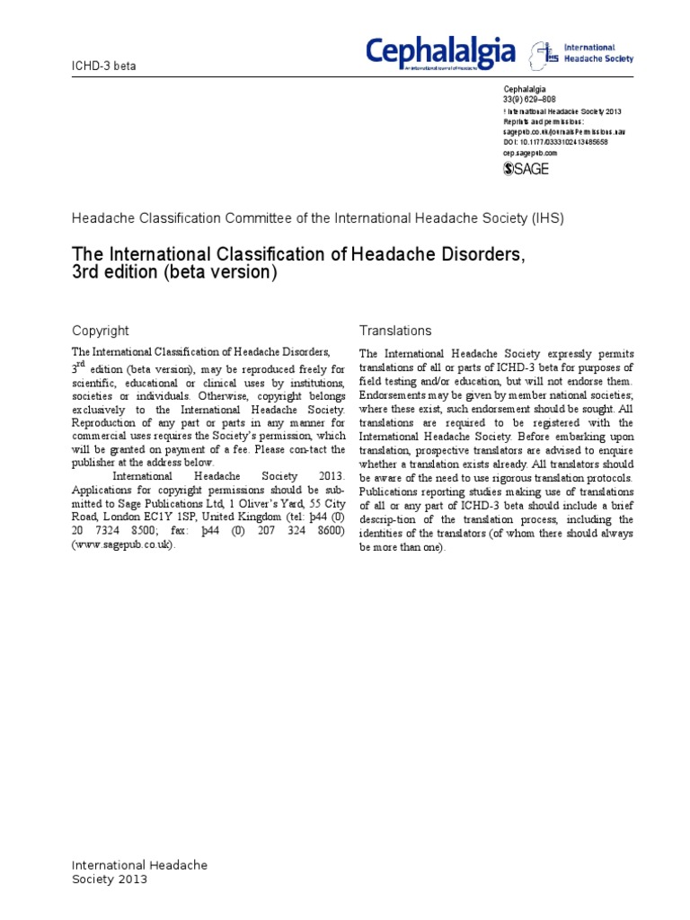 International Headache Classification III ICHD III 2013 Beta1 | PDF ...